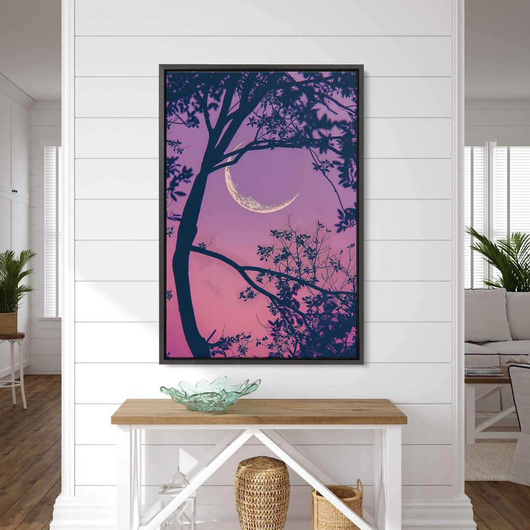 Crescent Moon Shown Through Tree Branches Wall Art Canvas Print ...