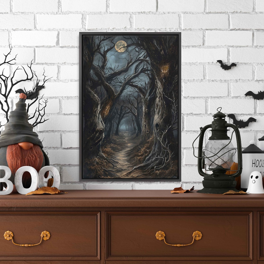 Haunted Forest With Mangled Trees Glowing Eyes During Foggy Night Wall ...