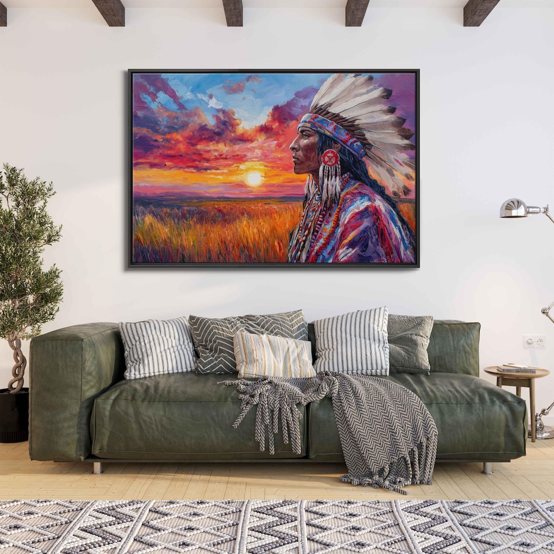 Native American Chief Portrait, Wall Art Canvas Print, Vibrant Acrylic ...