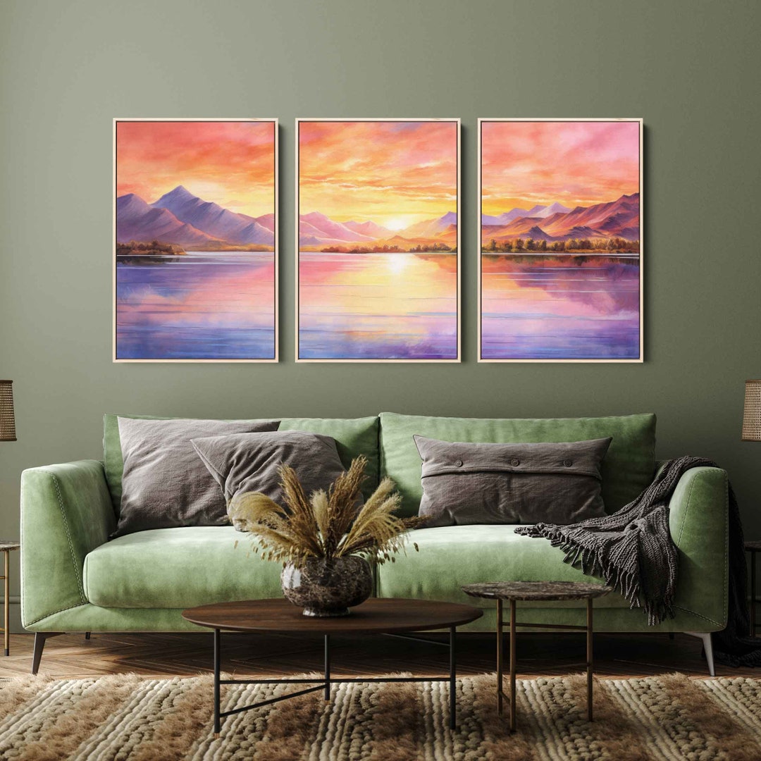 Calm Vibrant Watercolor Triptych Painting, Glassy Water Sunrise Sunset ...