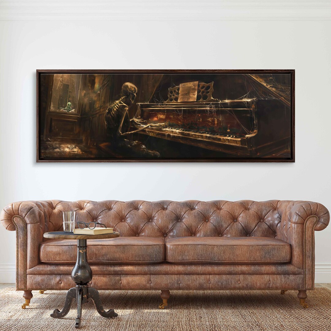 Skeleton Playing Dusty Piano Panoramic Wall Art Canvas Print, Halloween ...