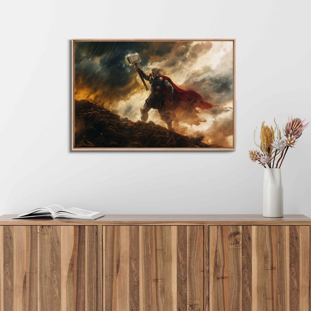 Thor Holding Mjolnir Standing in Stormy Sky Wall Art Canvas Print ...
