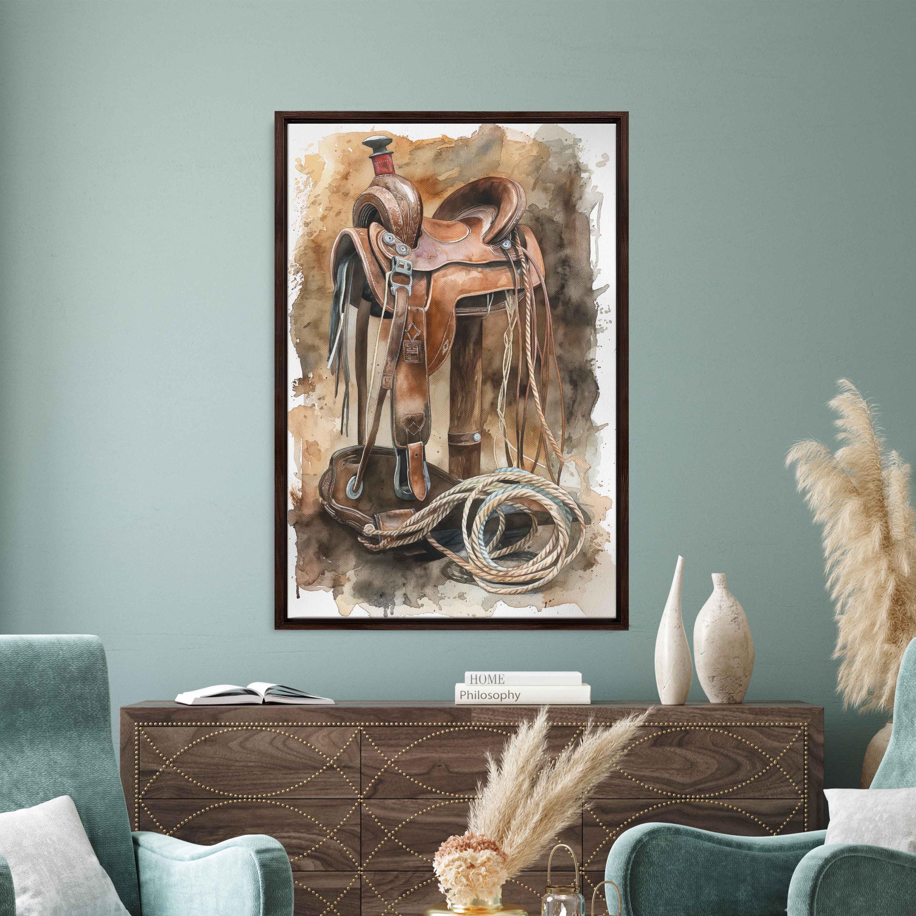 Cowboys Saddle and Lasso Watercolor Wall Art Canvas Print, Western Wall ...