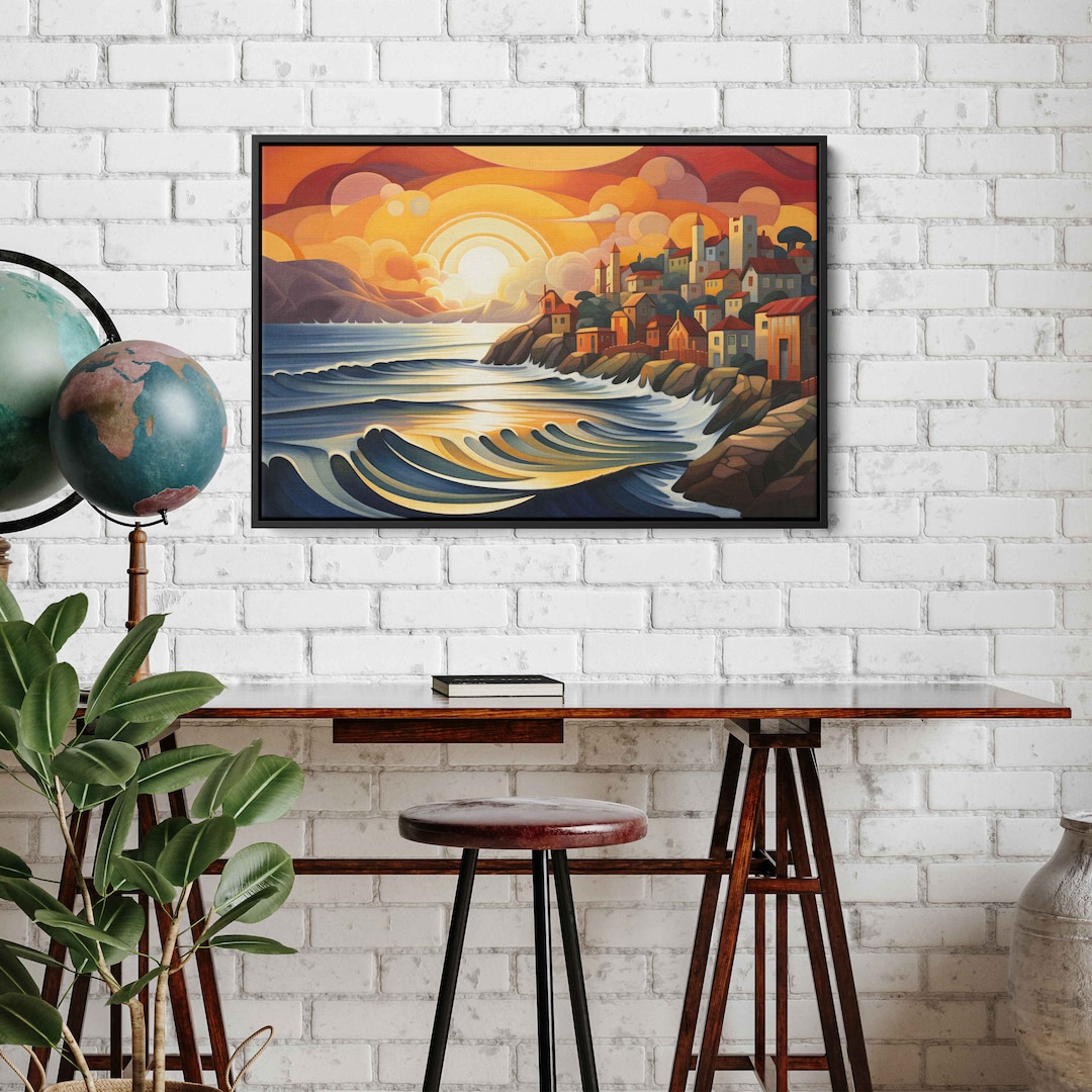 Art Deco Coastal City Sunset Wall Art Canvas Print, City Overlooking ...