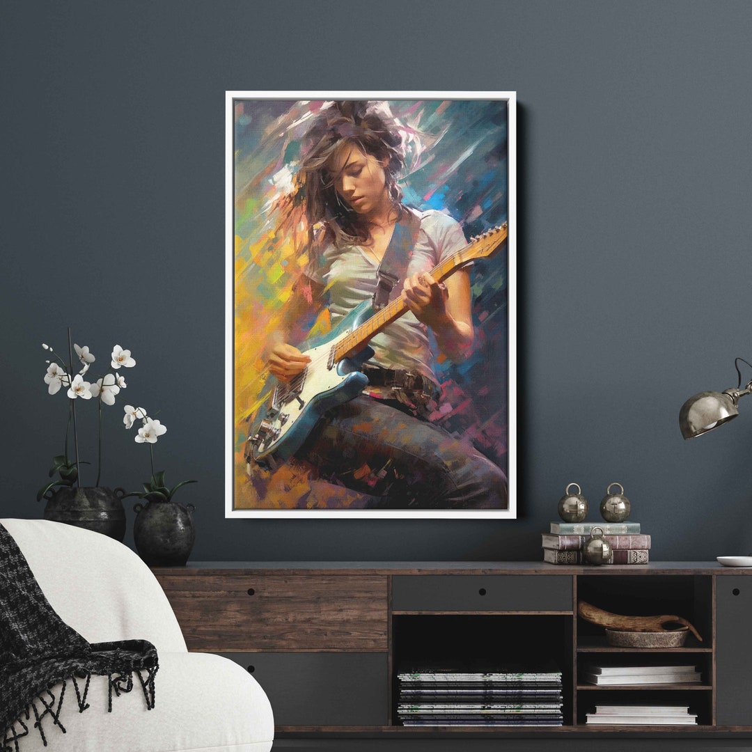 Watercolor Fender Guitar Woman Wall Art Canvas Print, Female Rockstar ...