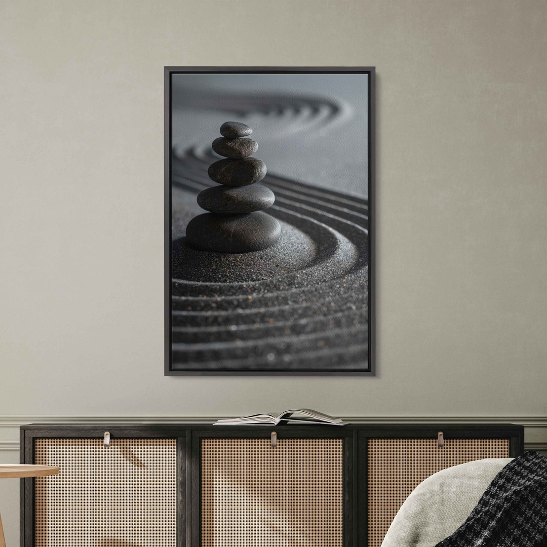 Zen Stacking Stones Wall Art Canvas Print, Buddhism Meditation Balancing Rocks, Rippled Sand ...