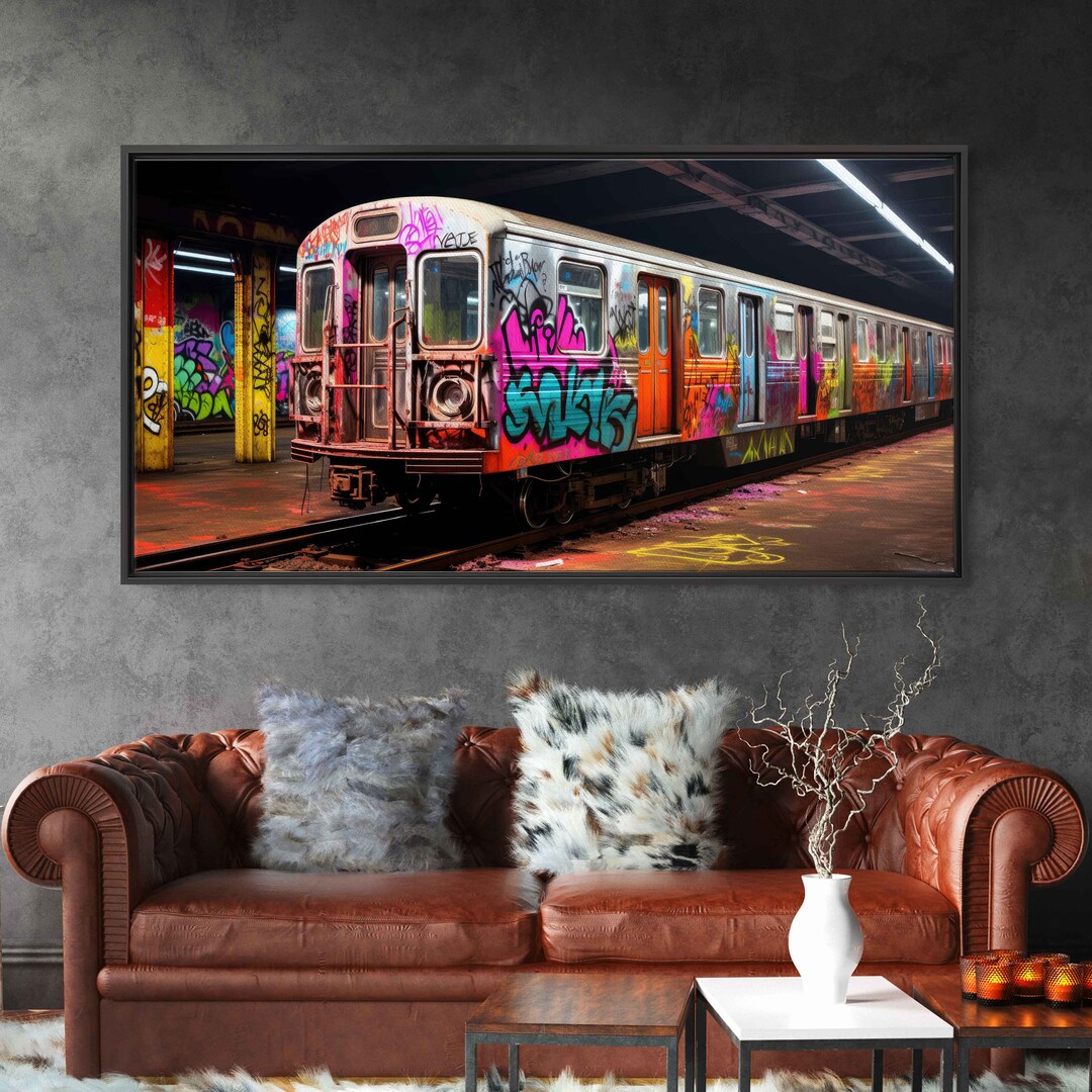 Graffiti Tagged Subway Train Wall Art Canvas Print, Vibrant Colors ...