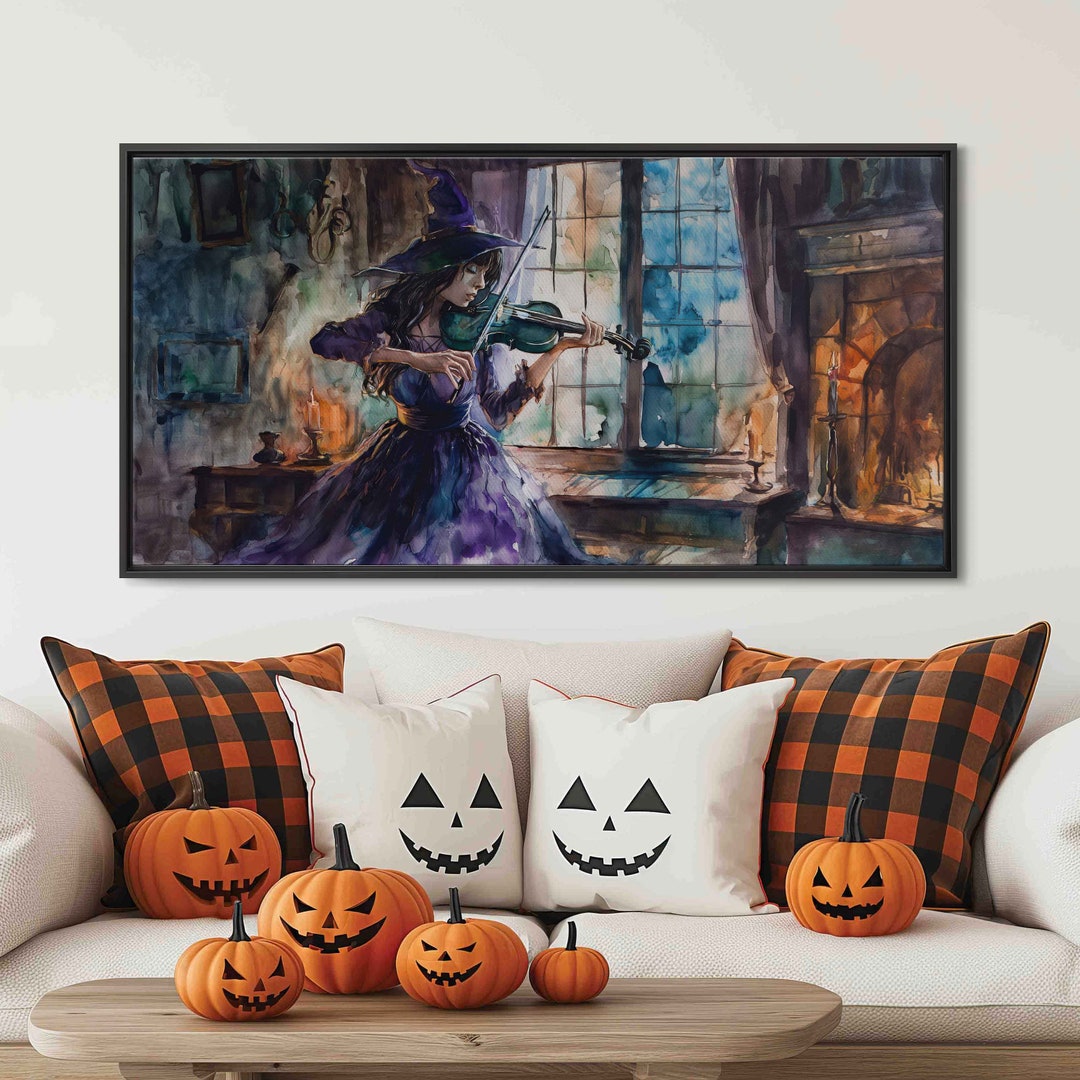Witch Playing Violin by Fireplace Watercolor Wall Art Canvas Print ...