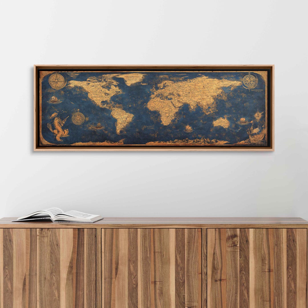 Vintage World Map Art, Wall Art Canvas Print, Antique Cartography, Sea ...