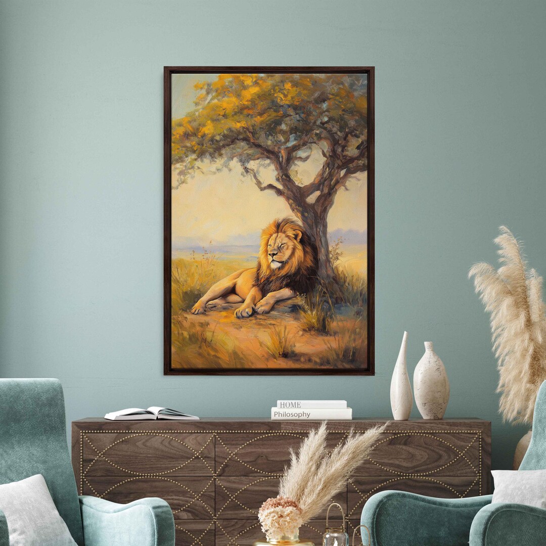 Lion Resting Under Tree, Wall Art Canvas Print, Serene Pastel Colors ...