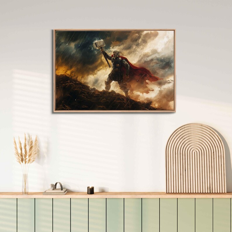 Thor Holding Mjolnir Standing in Stormy Sky Wall Art Canvas Print ...