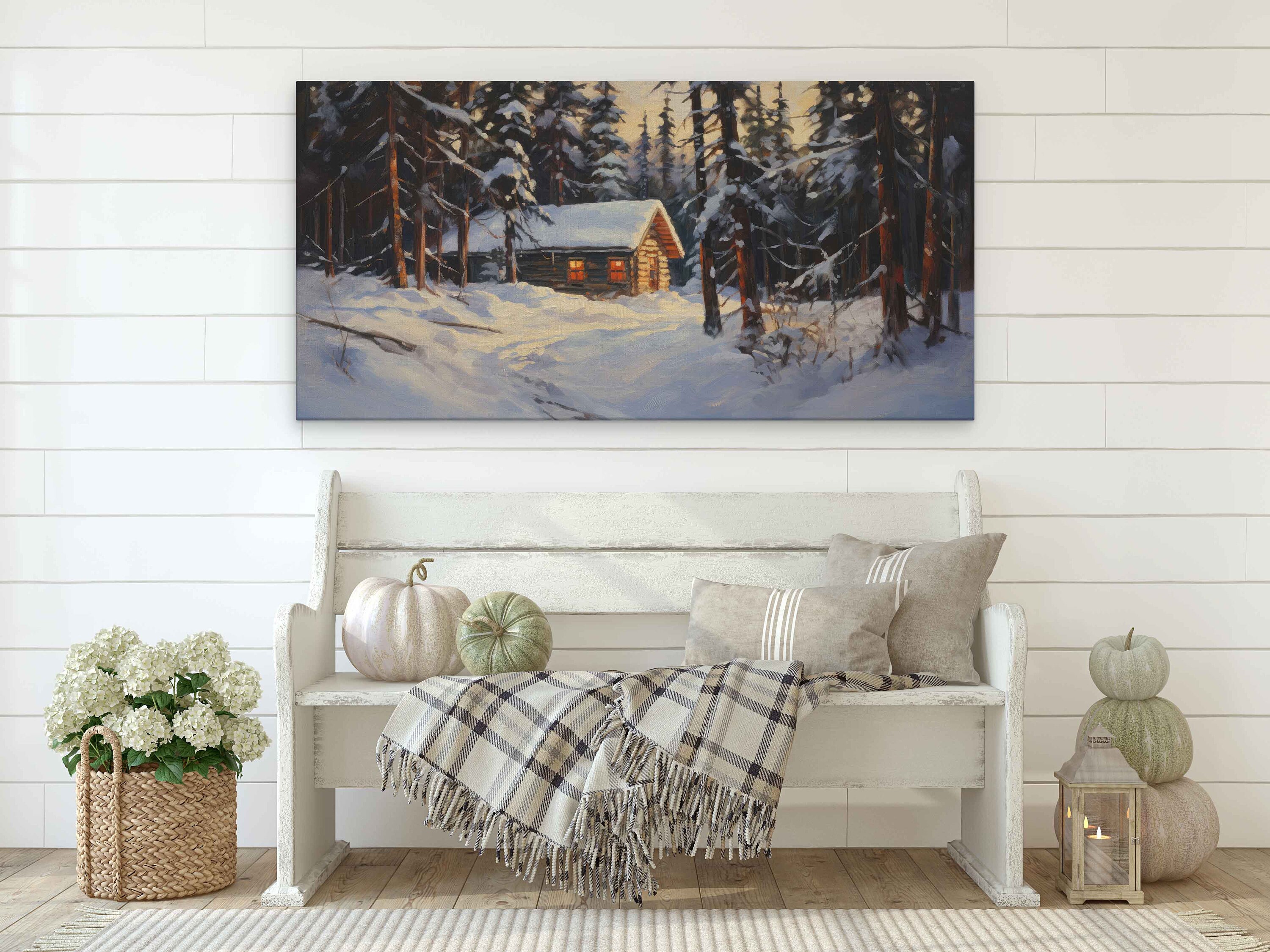 Snowy Log Cabin Landscape Painting, Framed Canvas Print, Ready to Hang ...