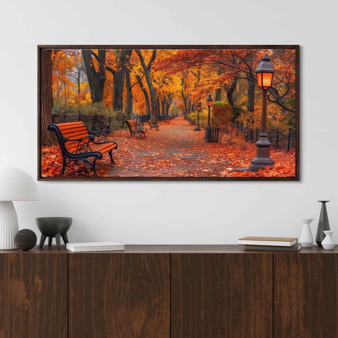 Charming Park During Autumn Coverage With Benches and Street Lamps Wall ...