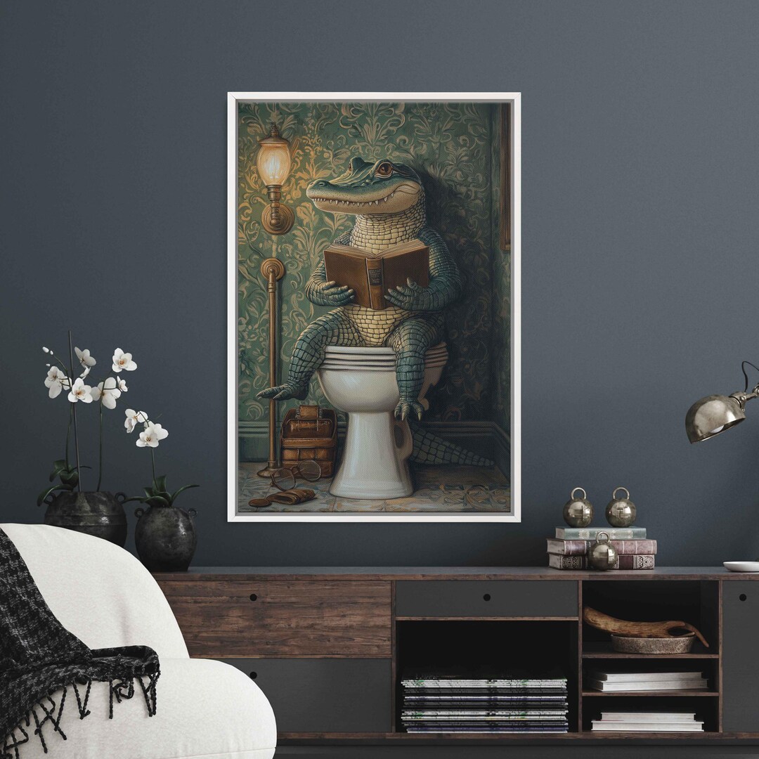 Whimsical Alligator Reading on Toilet, Wall Art Canvas Print - Etsy