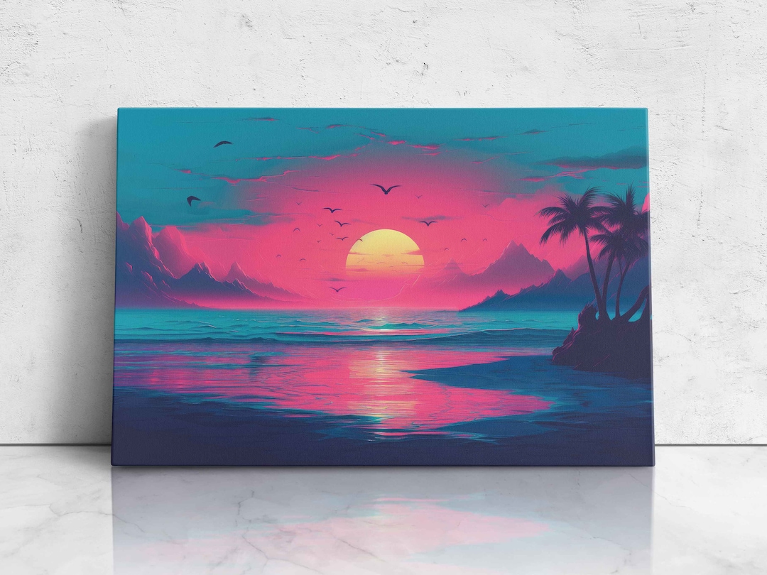 Neon Sunset Beach Landscape, Vaporwave Art, Digital Illustration on ...