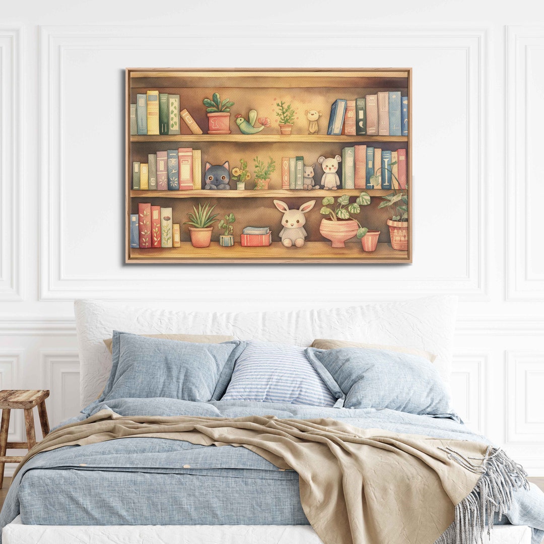 Pastel Bookshelf Filled With Plants and Tstuffed Animals Watercolor ...
