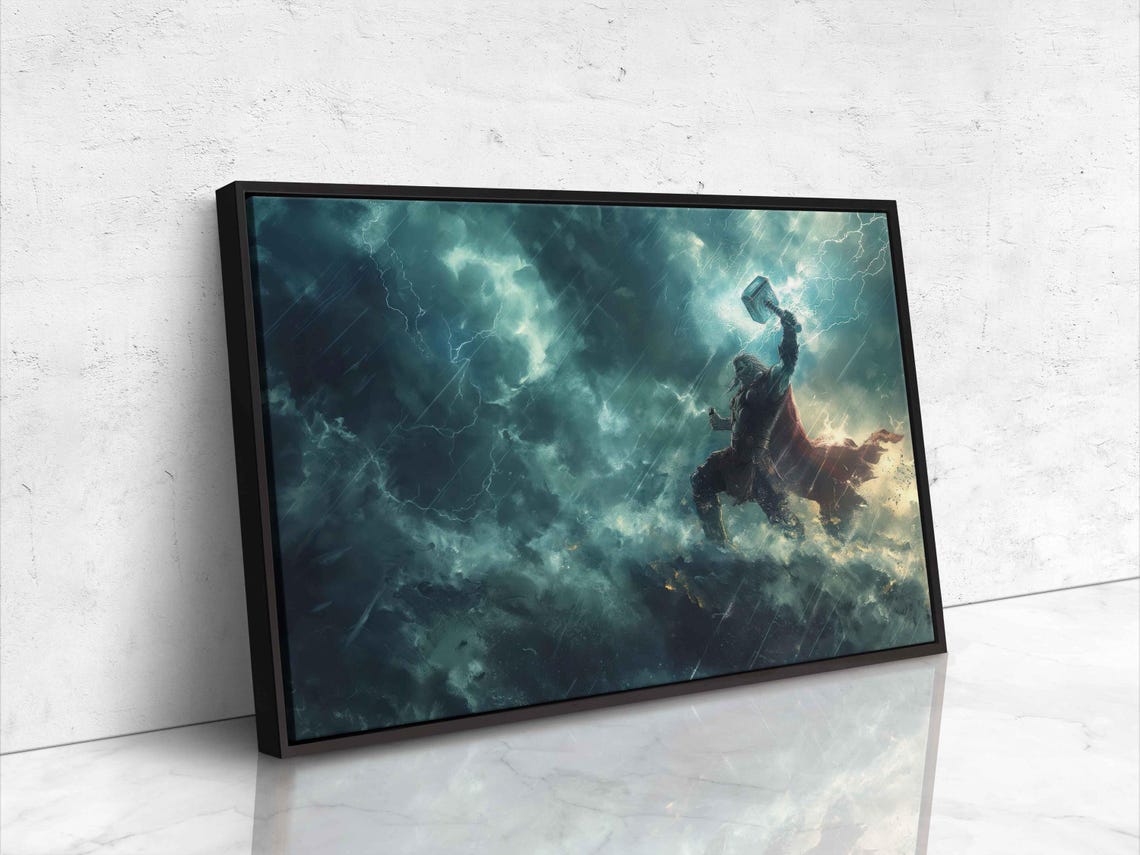 Thor Holding Mjolnir Standing in Stormy Sky Wall Art Canvas Print ...
