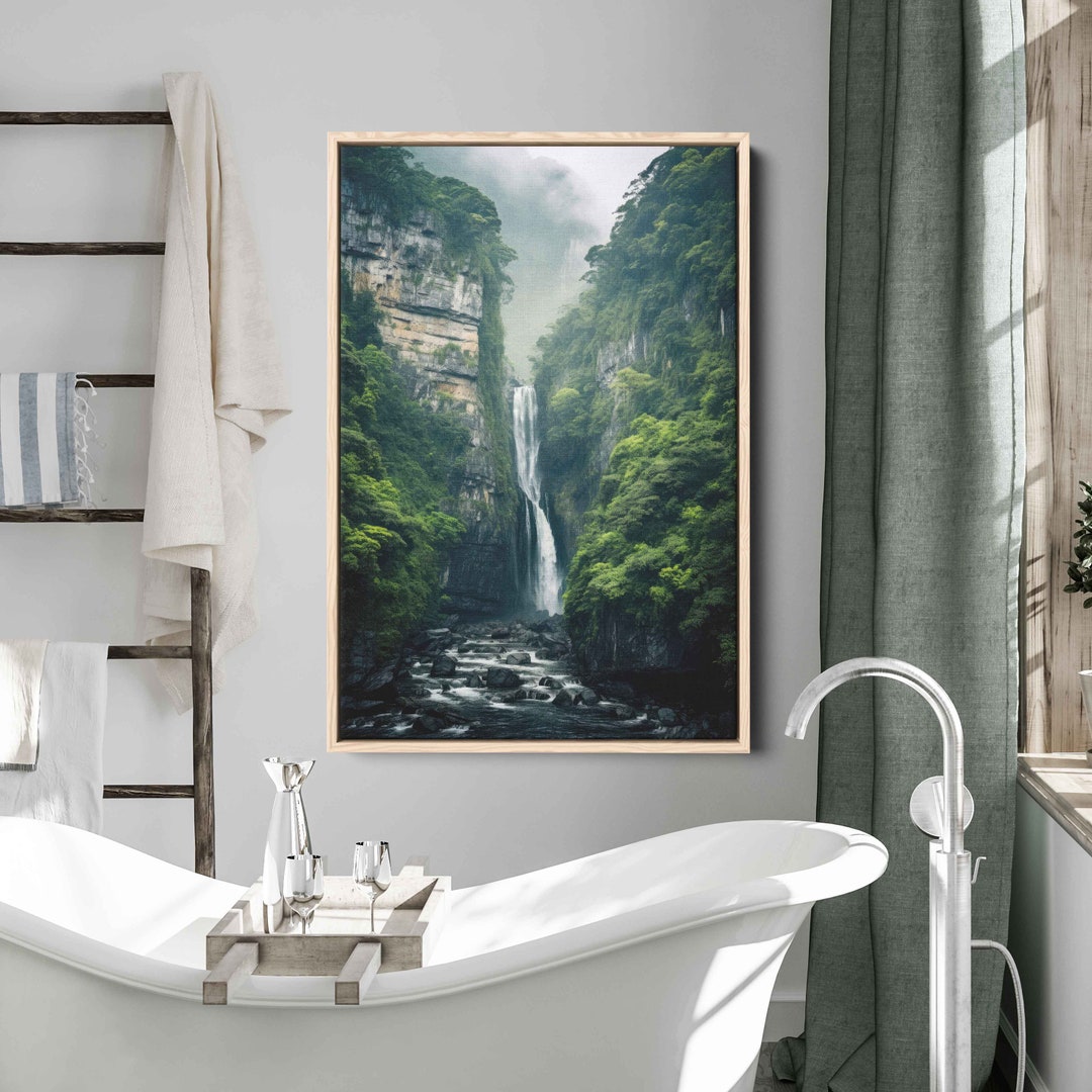 Towering Waterfall Over Rugged Cliffs Wall Art Ready to Hang, Cliffside ...