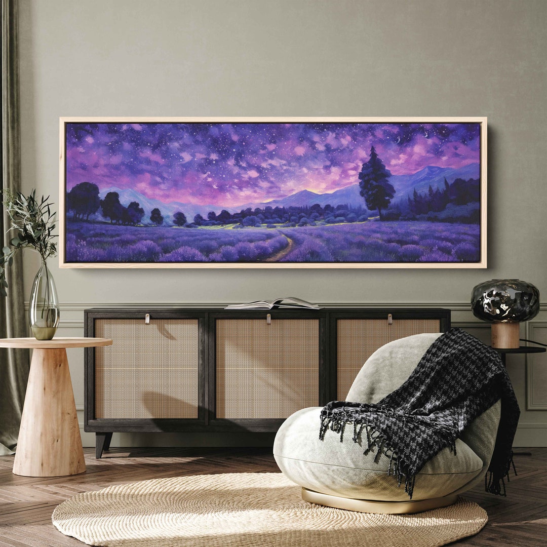 Lavender Field Colorful Starry Night Sky Panoramic Painting, Canvas ...
