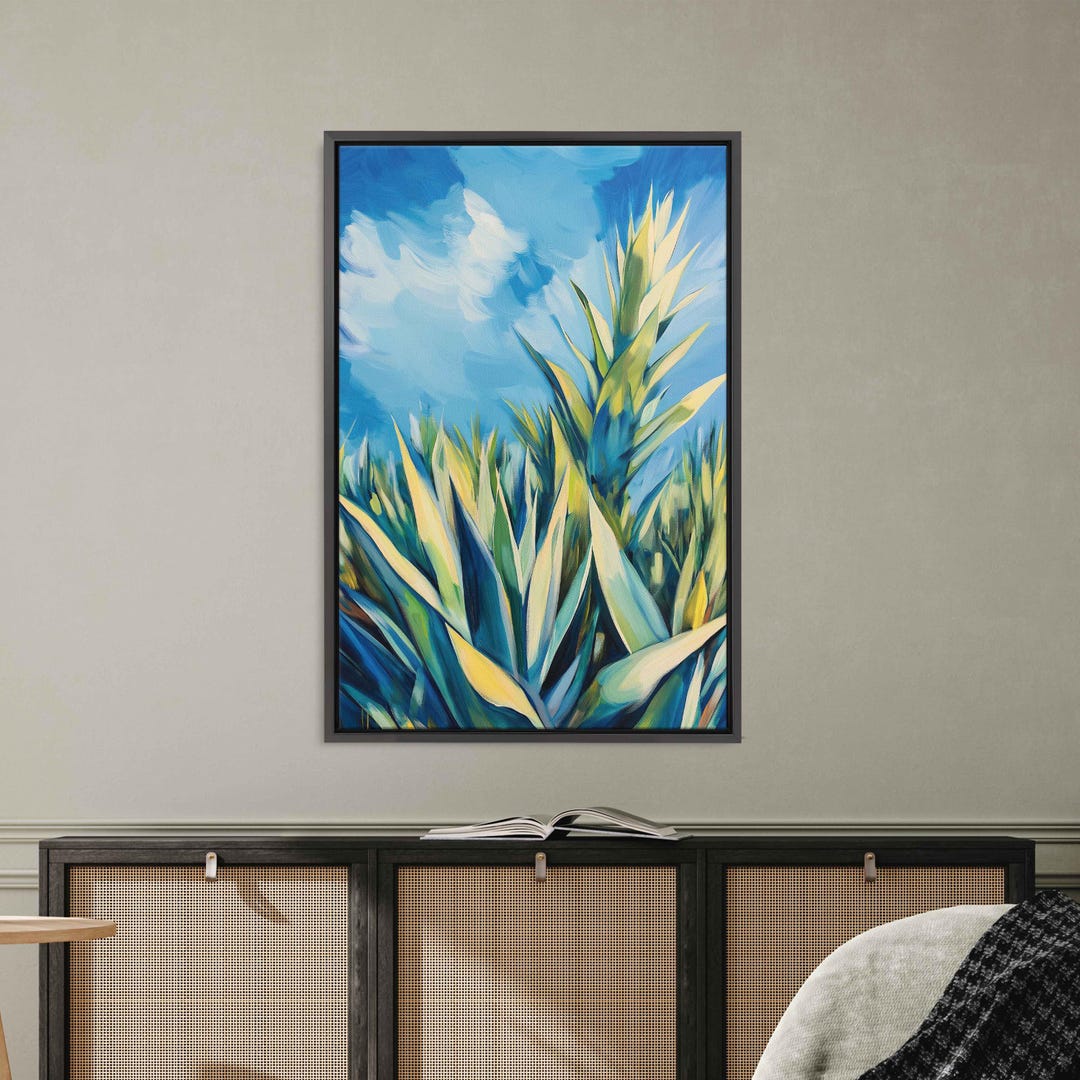 Agave Plants Against Blue Sky, Wall Art Canvas Print, Bold Oil Painting ...