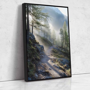 Mountain Path Through Sunlit Misty Forest, Canvas Wall Art Print, Ready ...