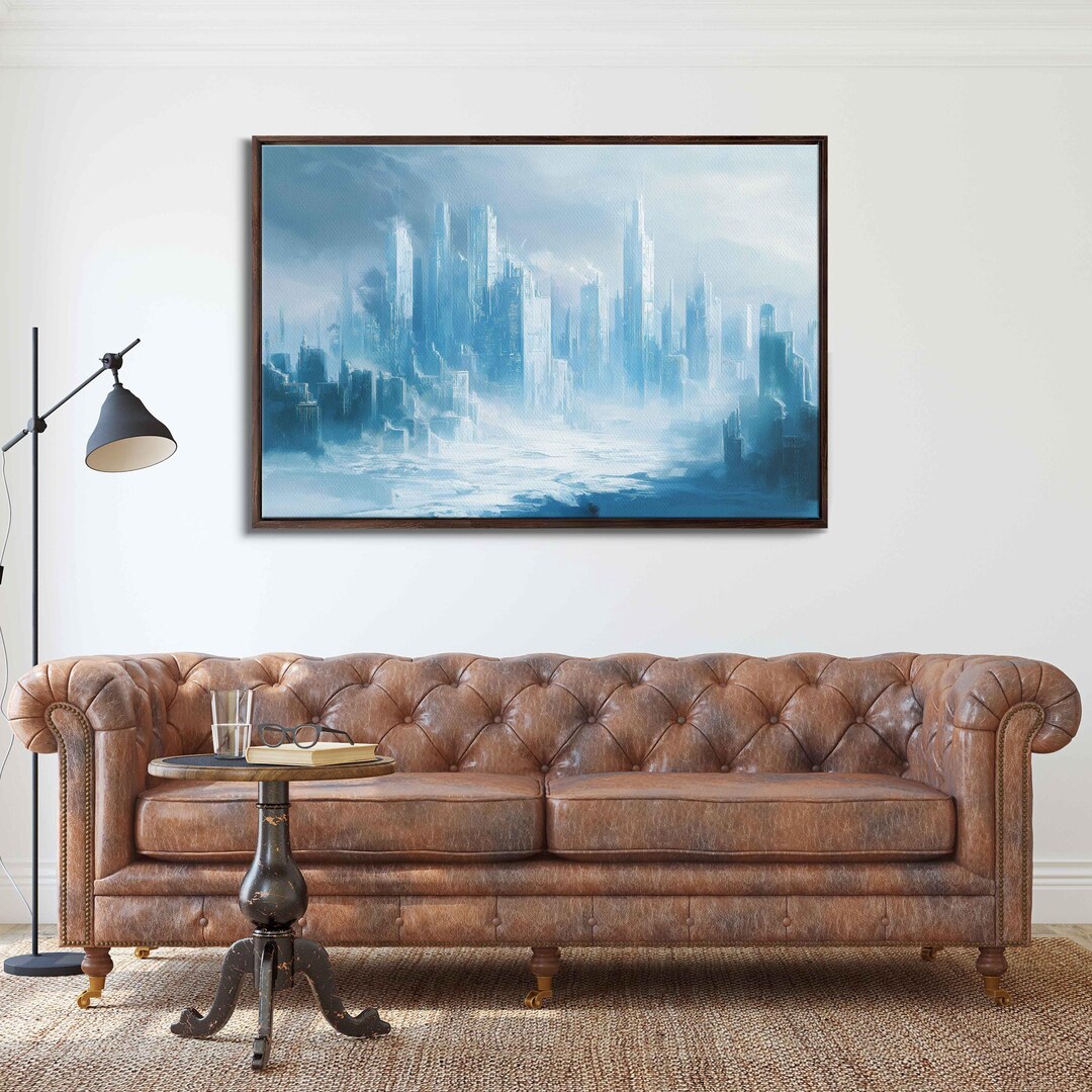 Frozen Cityscape, Wall Art Canvas Print, Icy Towers, Soft Blue Tones ...