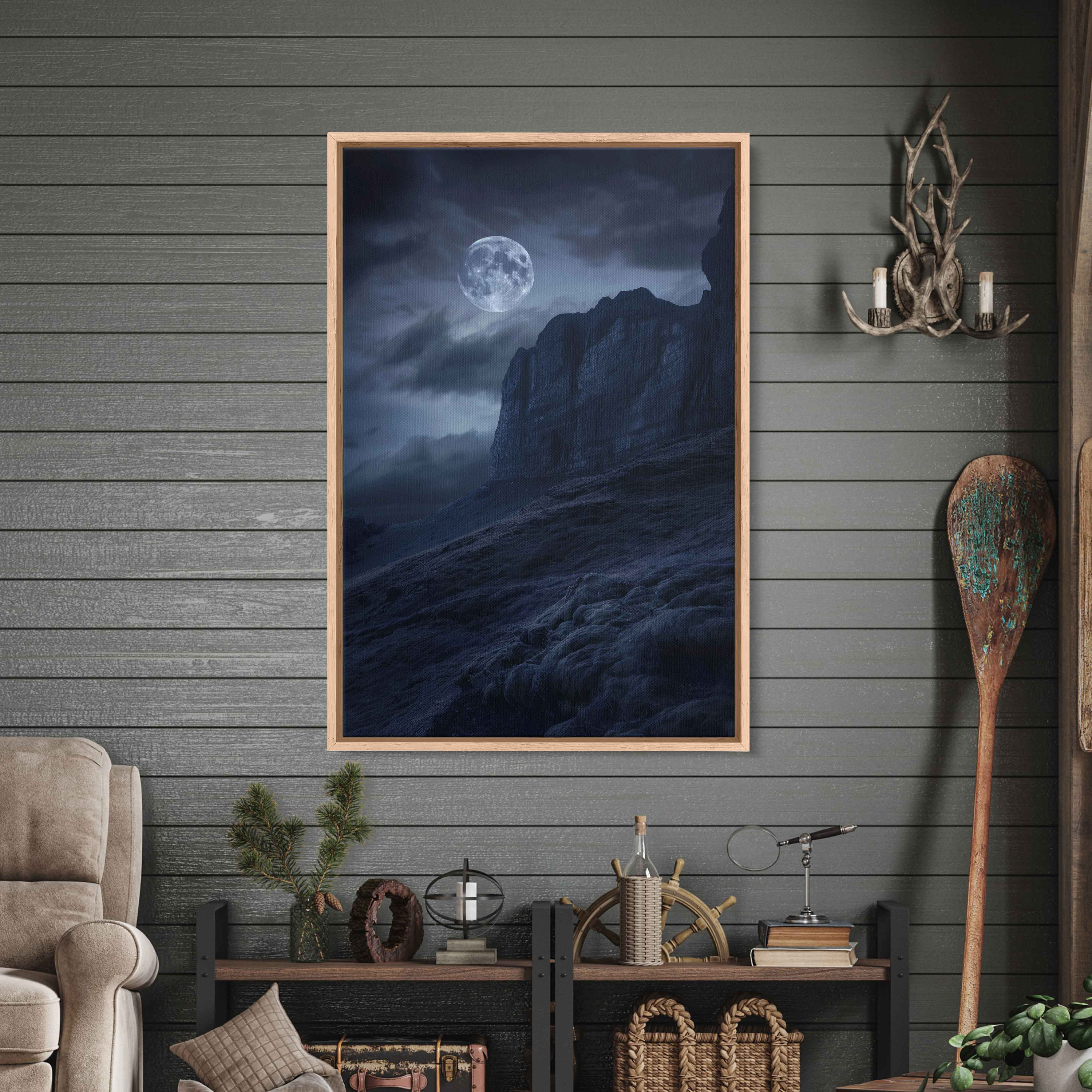 Full Moon Rises in the Dark Night Sky With Moonlit Cliff Wall Art ...