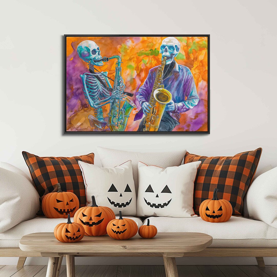 Skeletons Playing Saxophones on Vibrant Background Watercolor Wall Art ...