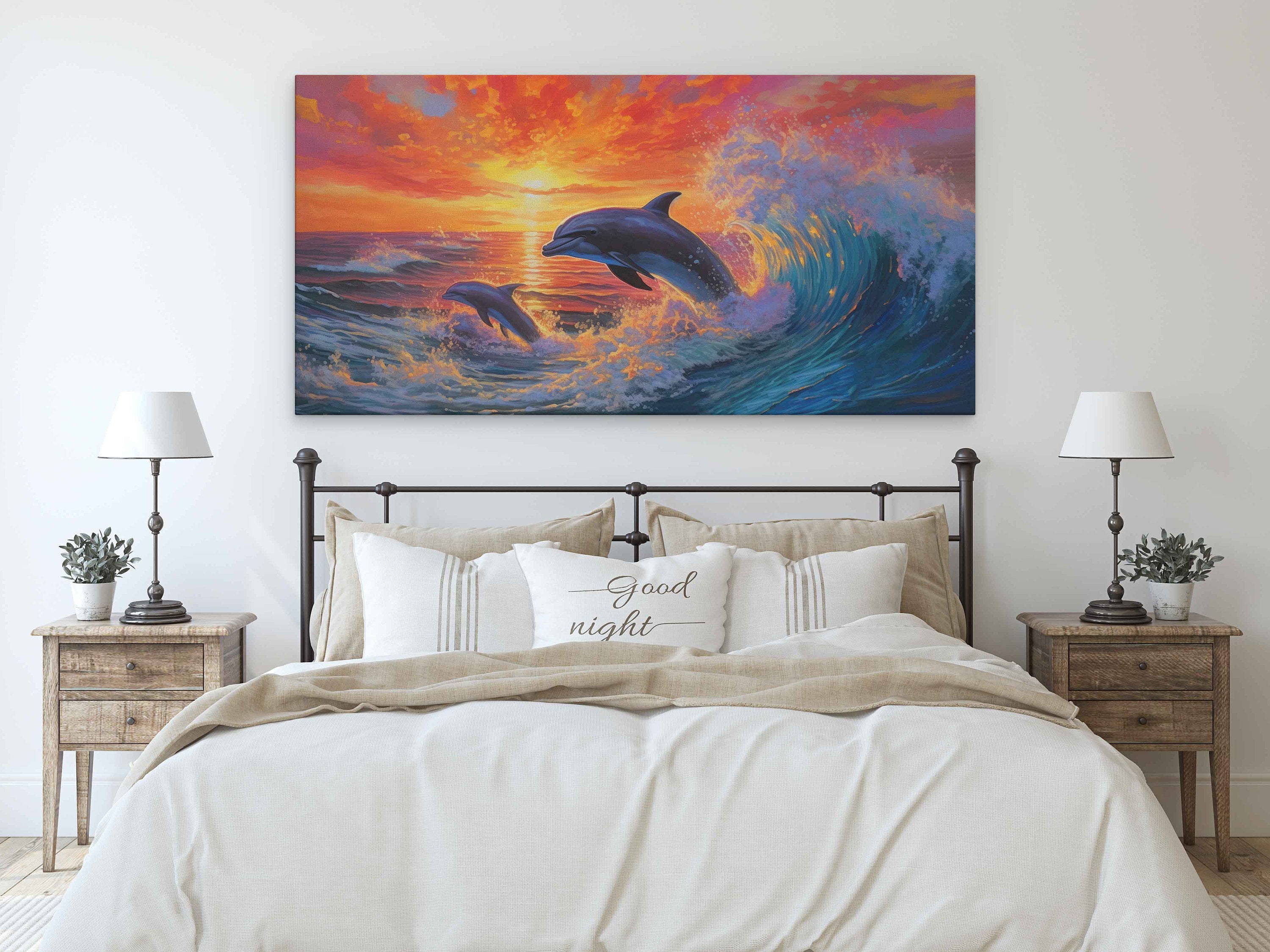 Dolphins Jumping on Ocean Waves at Sunset, Framed Canvas Print, Ready ...