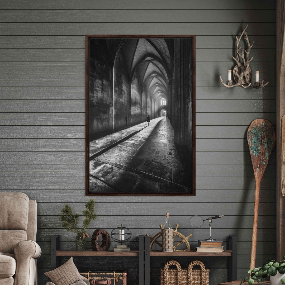 Woman Standing in Long Lonely Stone Corridor Wall Art Canvas Print ...