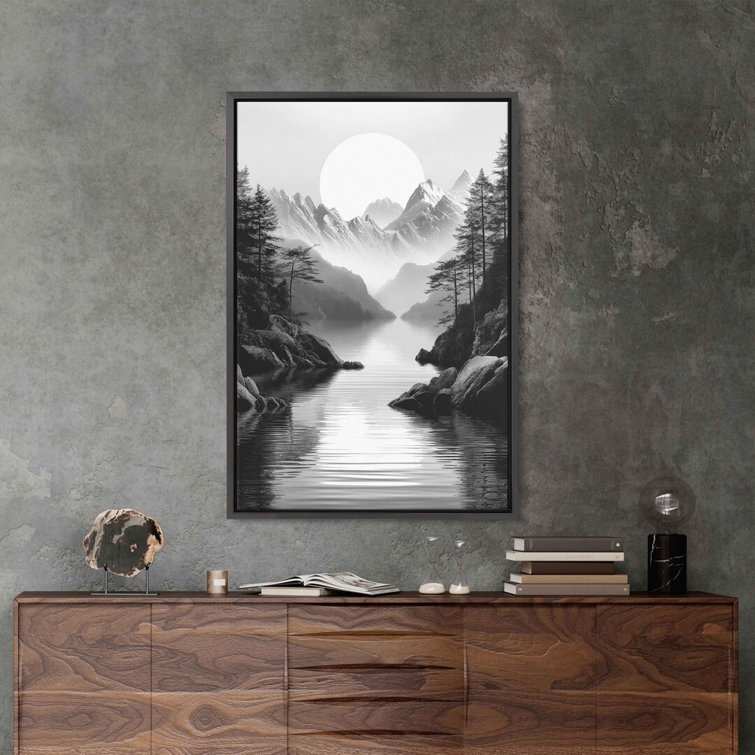 Serene Lake Flowing Through Mountainside Wall Art Canvas Print ...