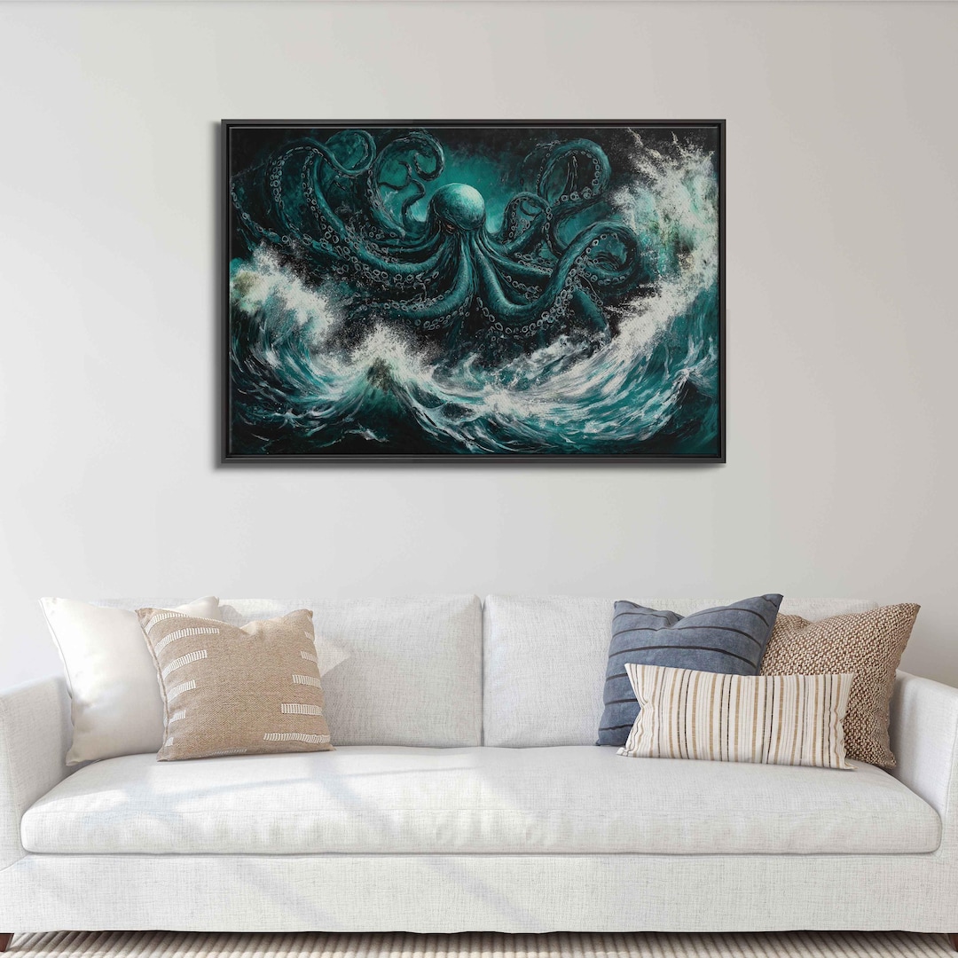 Cthulhu Rising From the Ocean, Wall Art Canvas Print, Dark Teal and ...