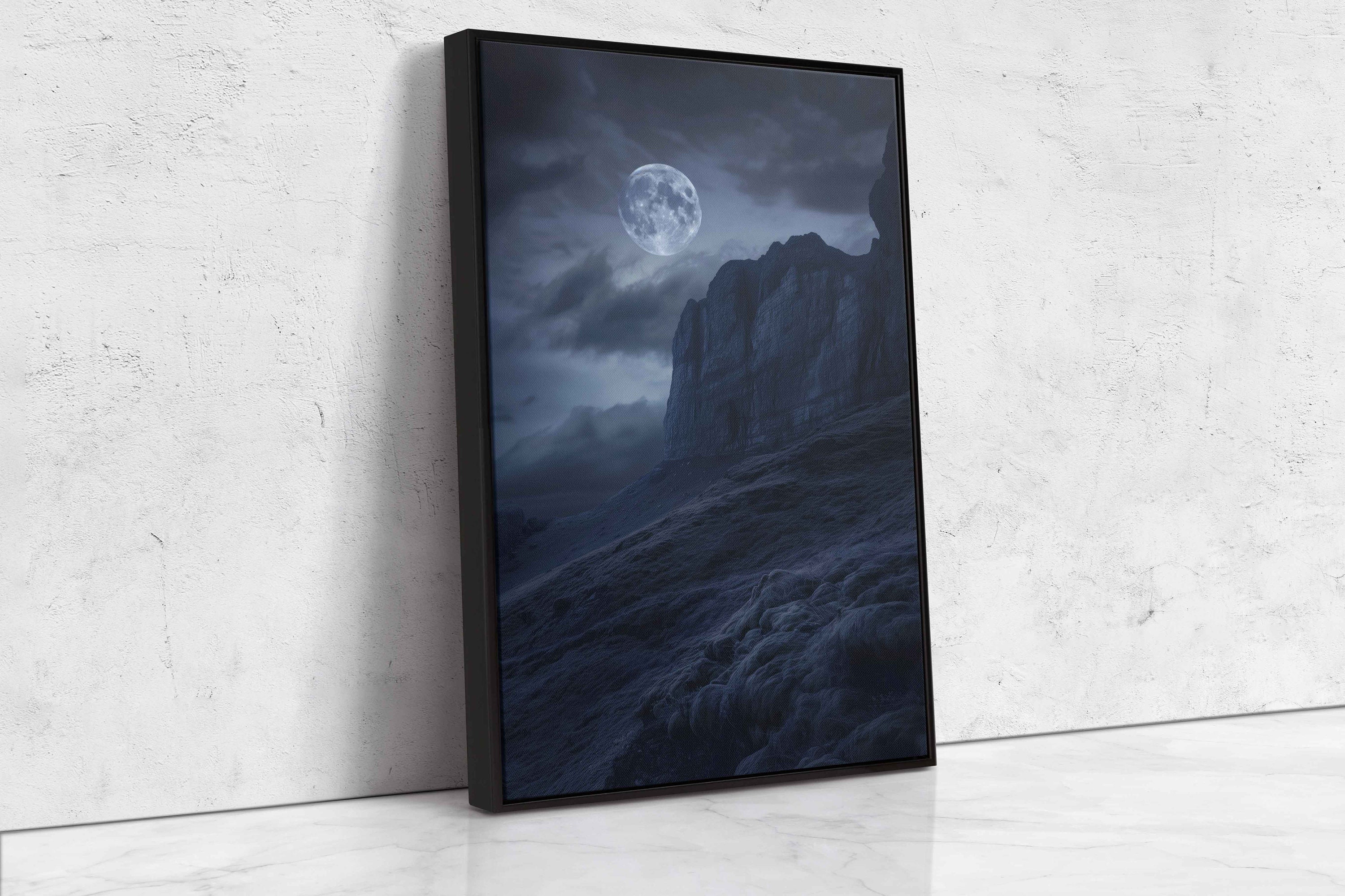 Full Moon Rises in the Dark Night Sky With Moonlit Cliff Wall Art ...