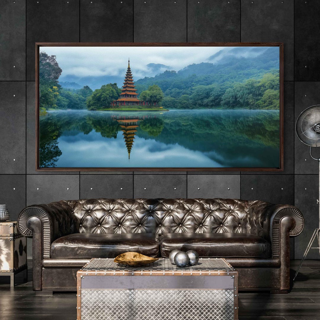 Buddhist Pagoda Reflection, Wall Art Canvas Print, Tranquil Lake, Lush ...