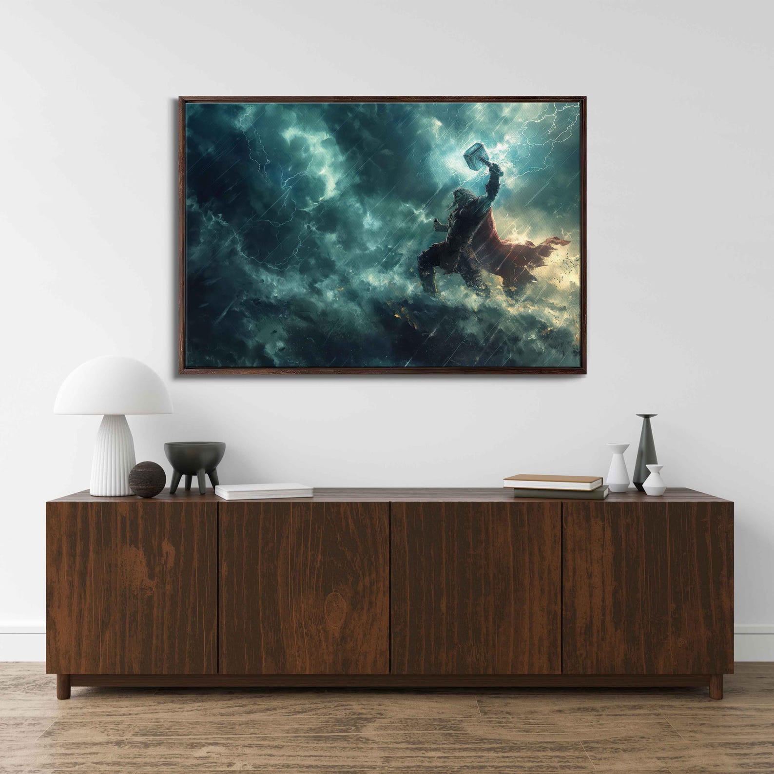 Thor Holding Mjolnir Standing in Stormy Sky Wall Art Canvas Print ...