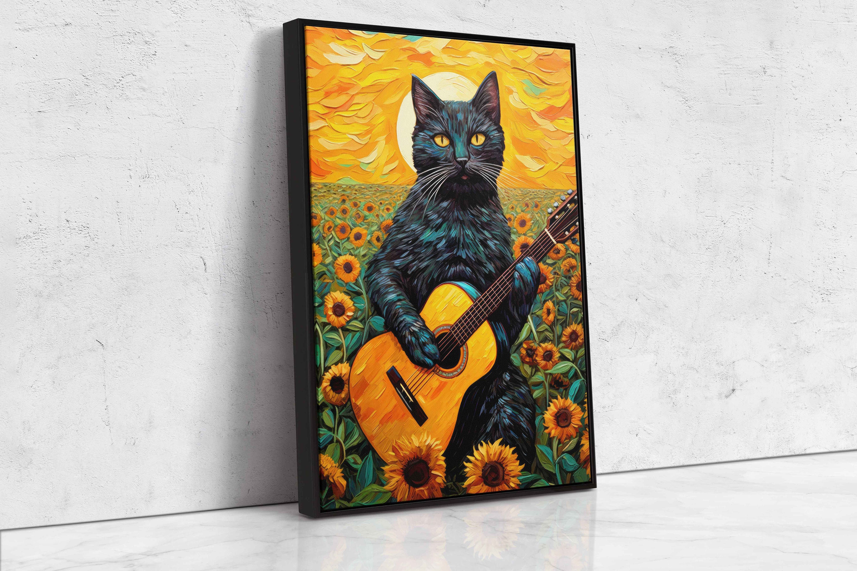 Cat Playing Classical Guitar Painting, Van Gogh Inspired, Framed Canvas ...