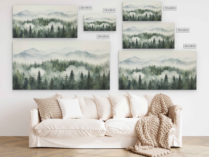 Foggy Forest Tree Line Watercolor Wall Art Canvas Print, Mountain Range ...