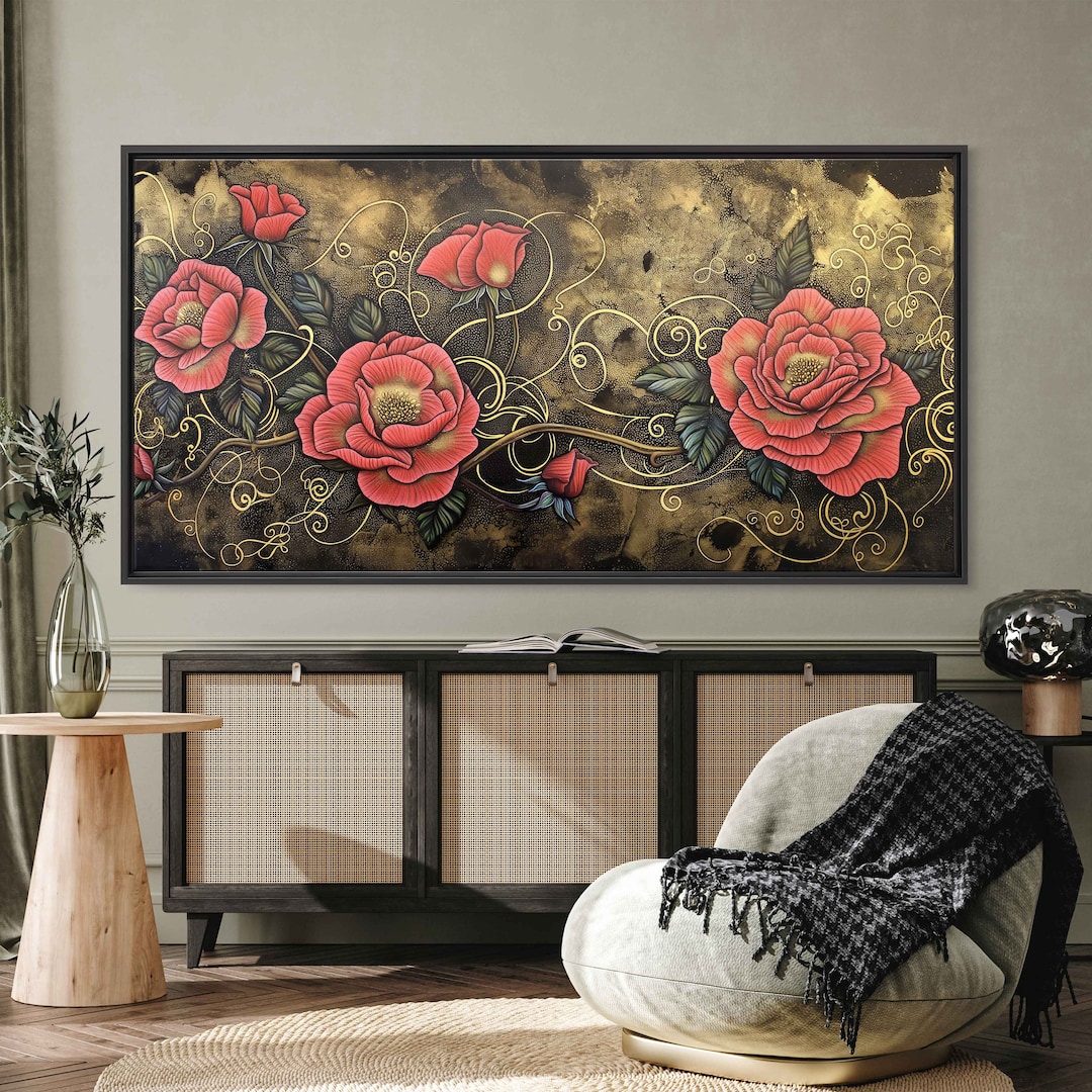 Roses With Intricate Ornate Gold Inlay Wall Art Canvas Print, Floral ...