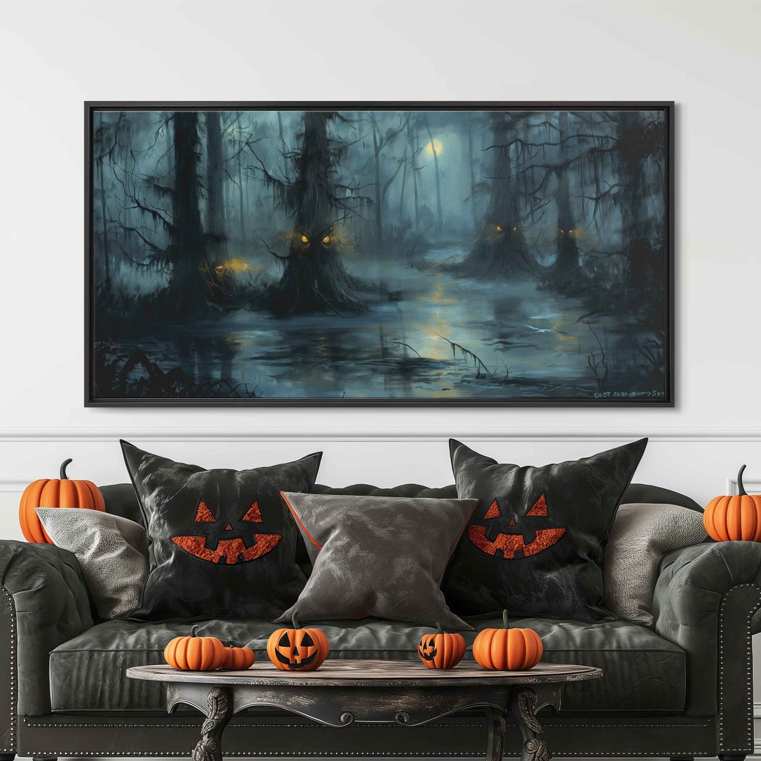 Misty Swamp With Mangled Trees and Glowing Eyes During Foggy Night Wall ...