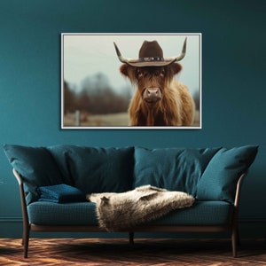 Adorable Highland Cow Wearing Cowboy Hat Wall Art Canvas Print, Cute ...