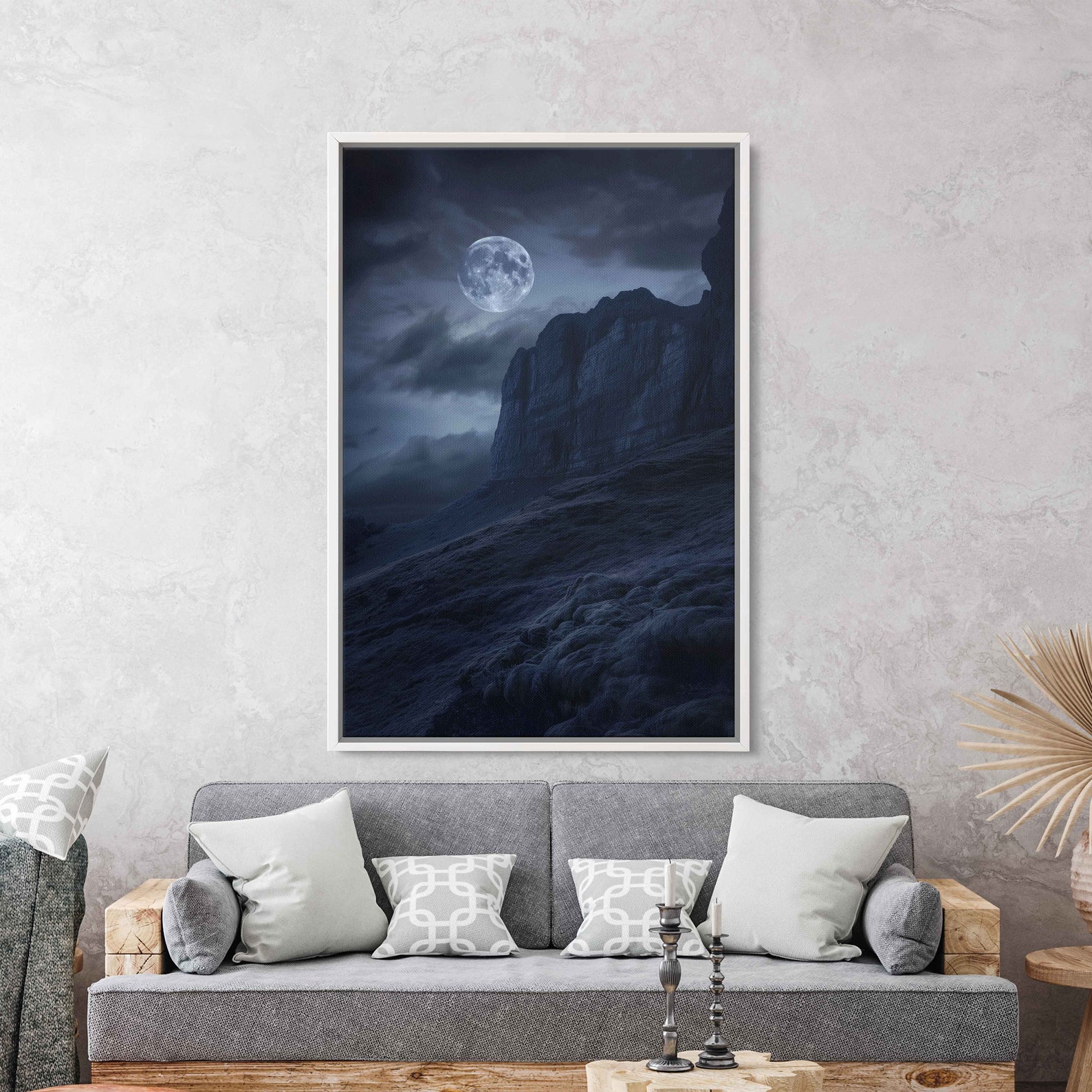 Full Moon Rises in the Dark Night Sky With Moonlit Cliff Wall Art ...