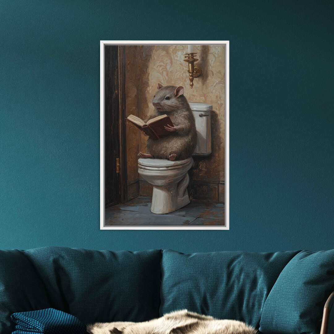 Whimsical Mole Reading on Toilet, Wall Art Canvas Print, Vintage Style ...