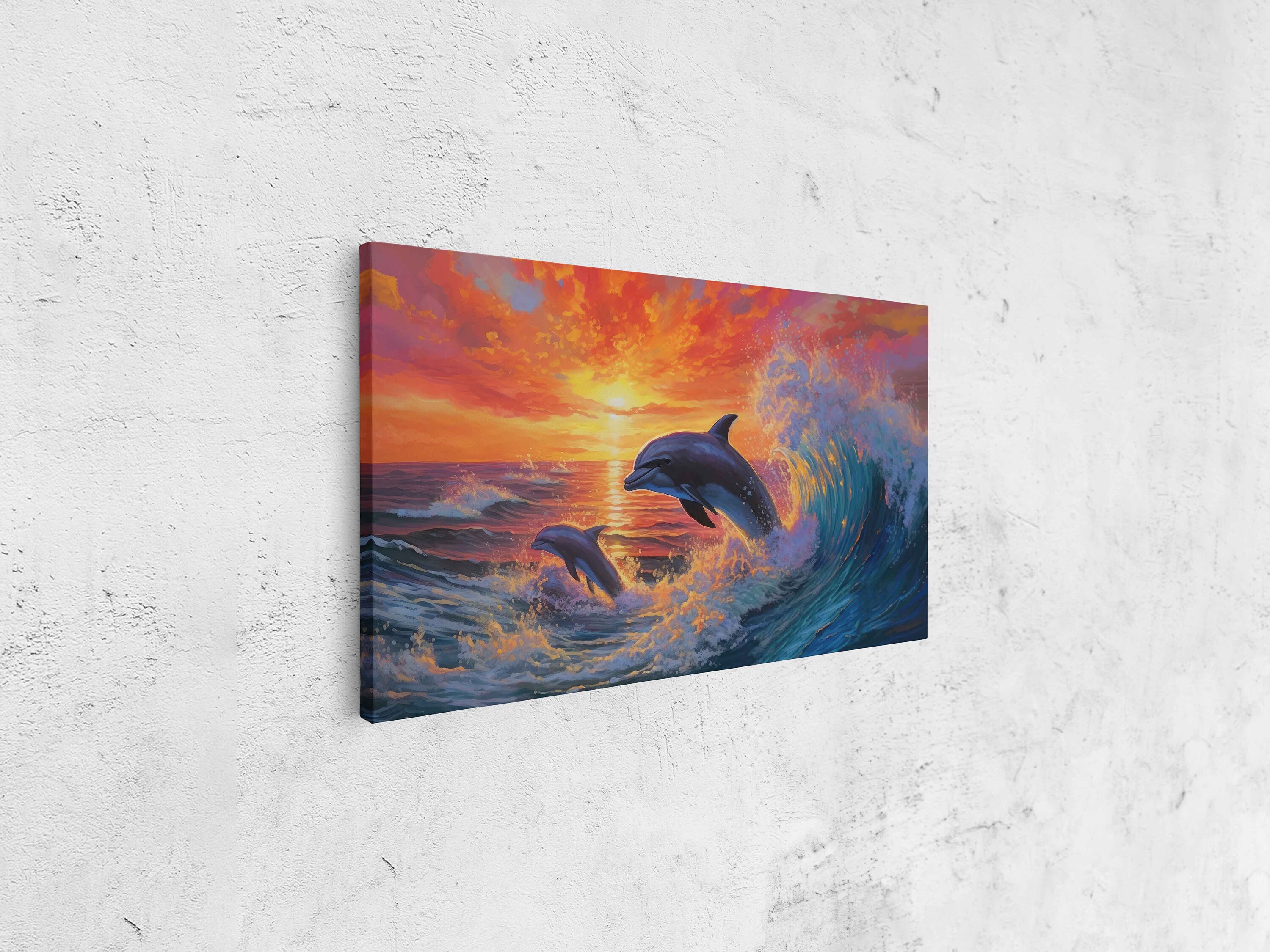 Dolphins Jumping on Ocean Waves at Sunset, Framed Canvas Print, Ready ...