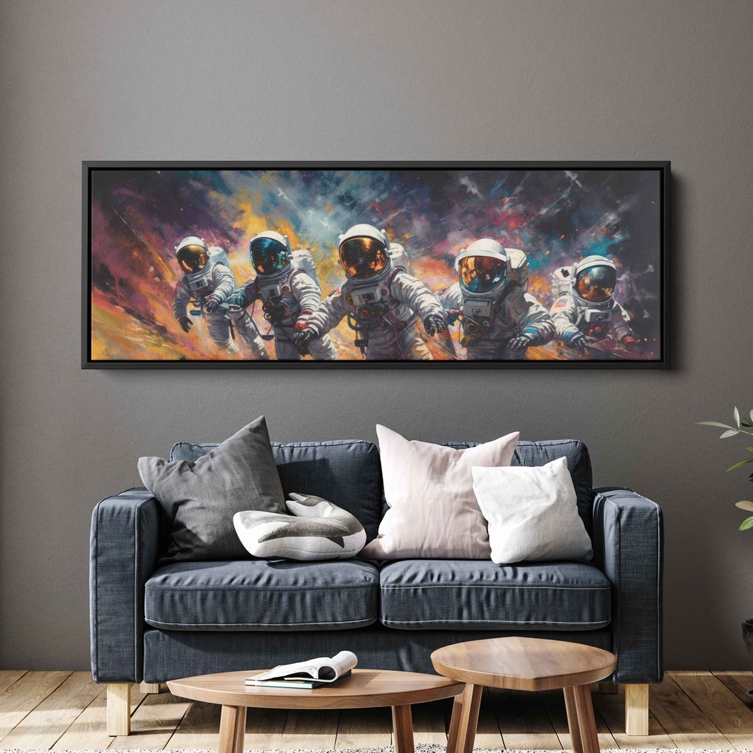 Abstract Astronauts Floating in Space Panoramic Painting, Framed Canvas ...