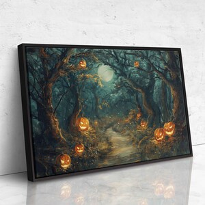 Ancient Enchanted Moonlit Forest Path Lined With Glowing Jack O Lanterns Wall Art Canvas Print ...