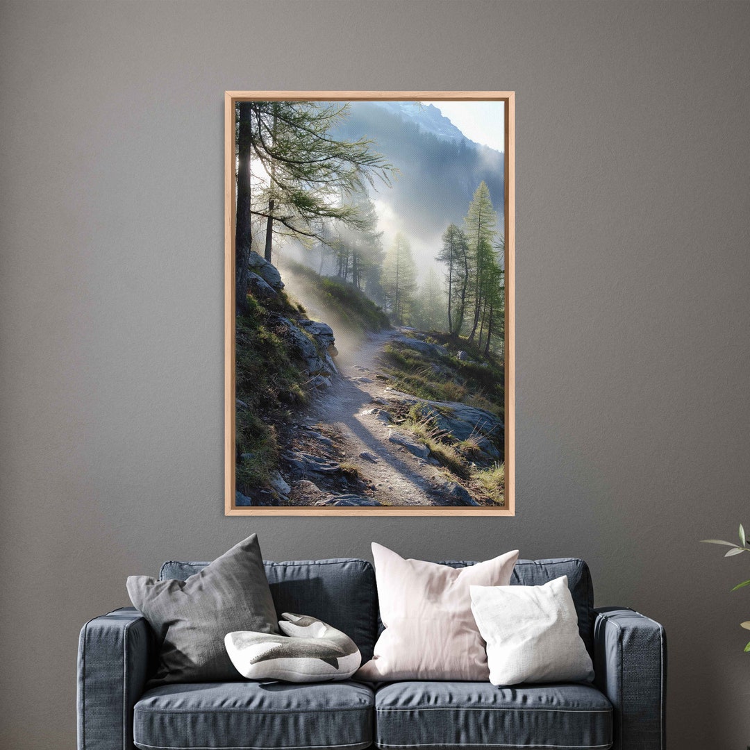 Mountain Path Through Sunlit Misty Forest, Canvas Wall Art Print, Ready ...