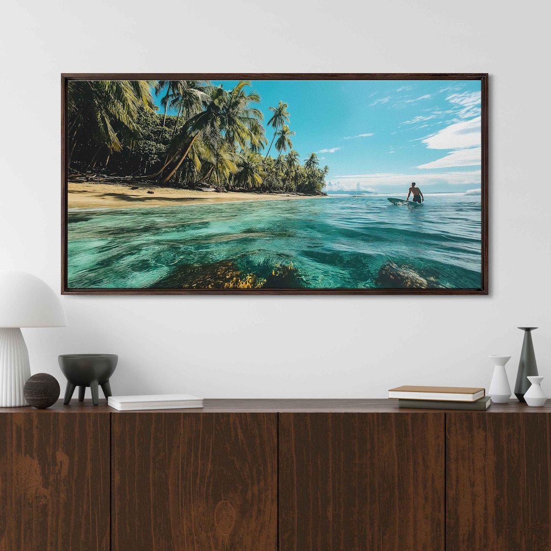 Surfer Floating by Sandy Beach Wall Art Canvas Print, Tropical Island ...