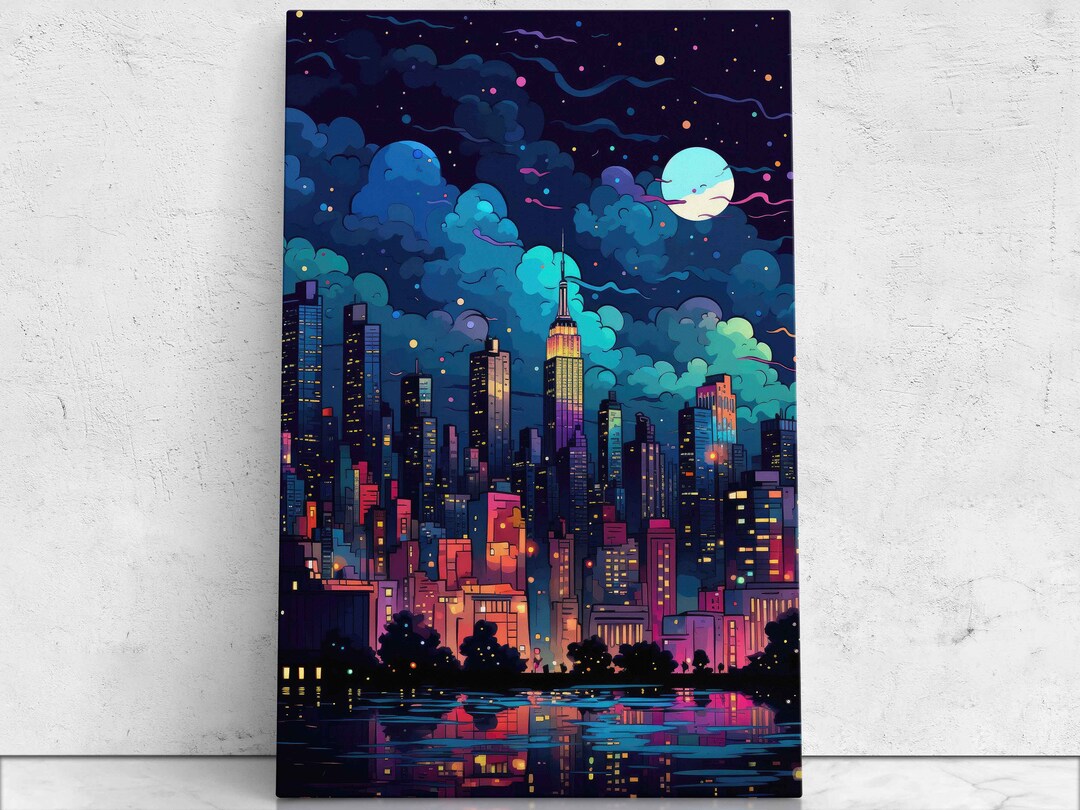 Vibrant Comic Book Style Cityscape Print on Canvas, Bright Colors That ...