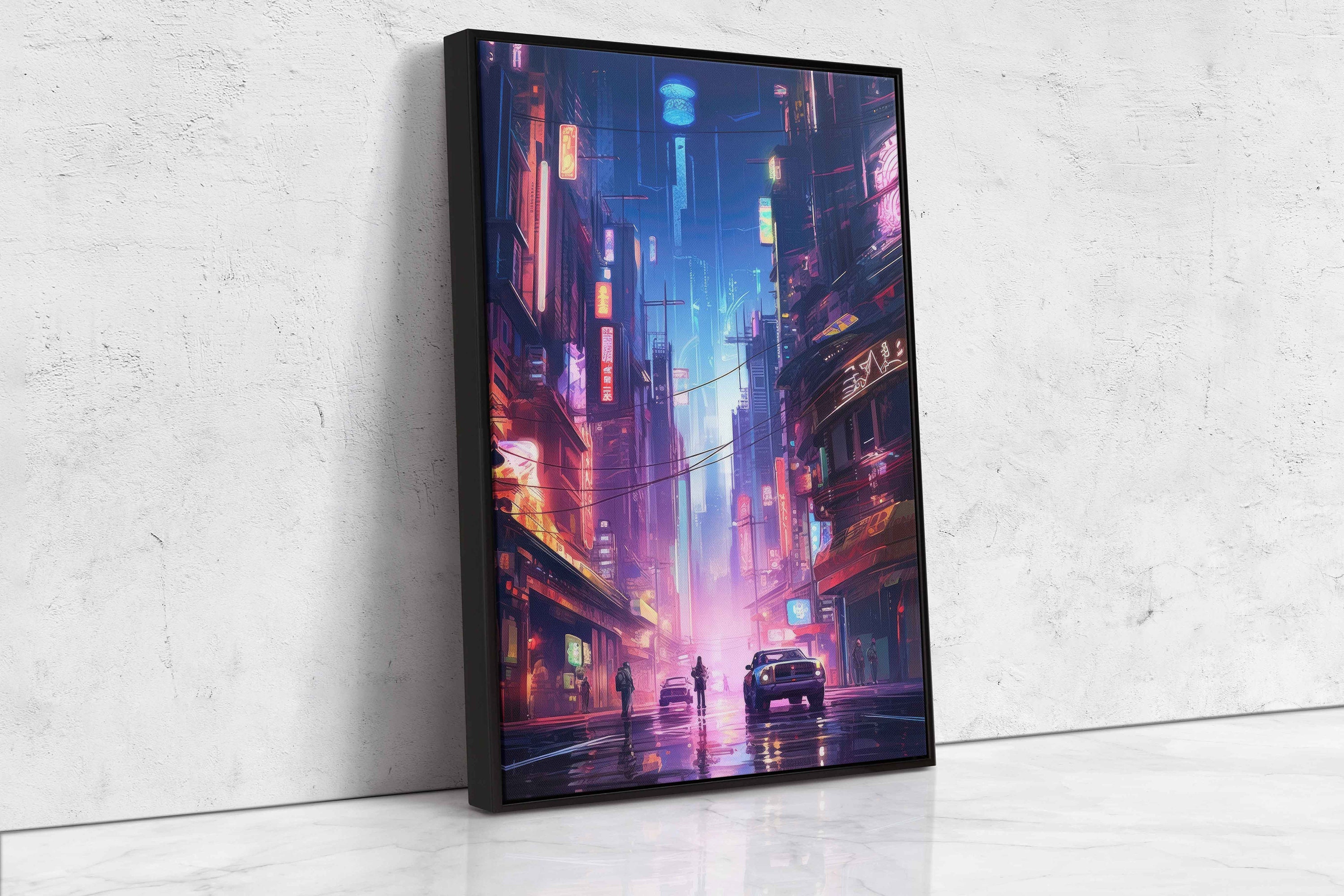 Neon Cyberpunk City Streets Wall Art Framed Canvas Print - Etsy