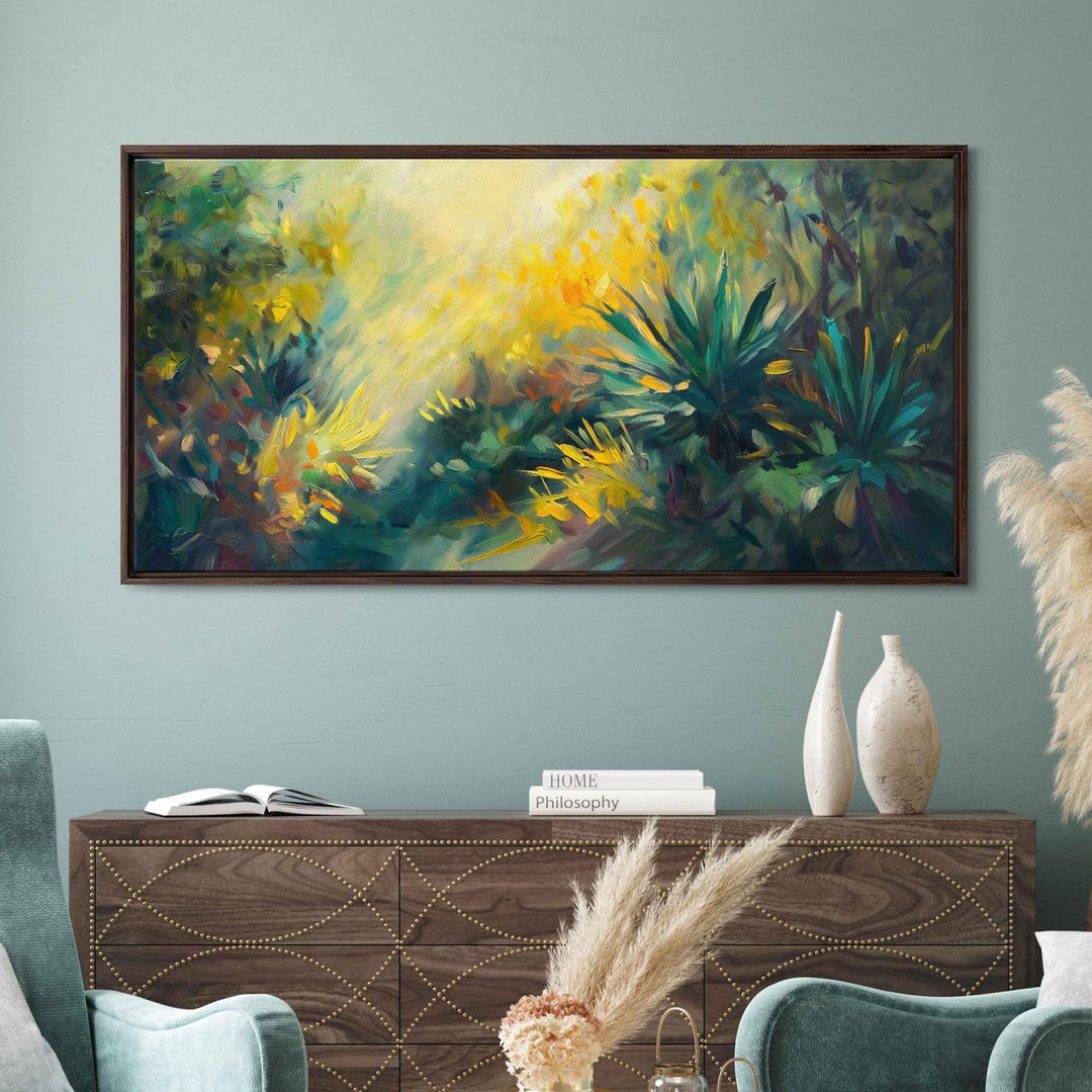 Impressionist Cacti Dance, Wall Art Canvas Print, Vibrant Greens, Warm ...